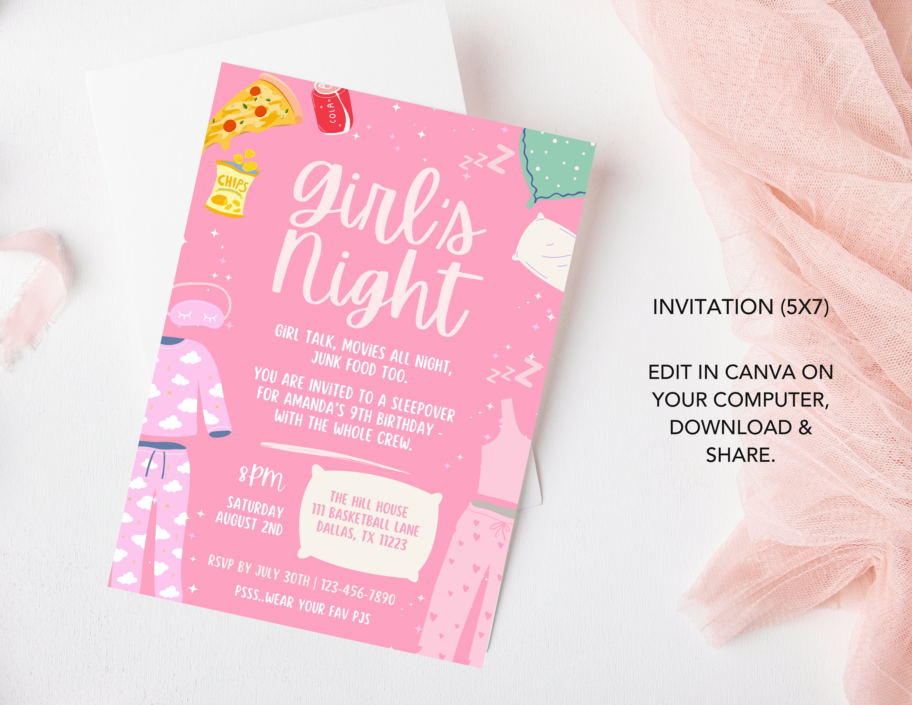 Editable Slumber Party Invitation, Printable Sleepover Invite, Girls ...