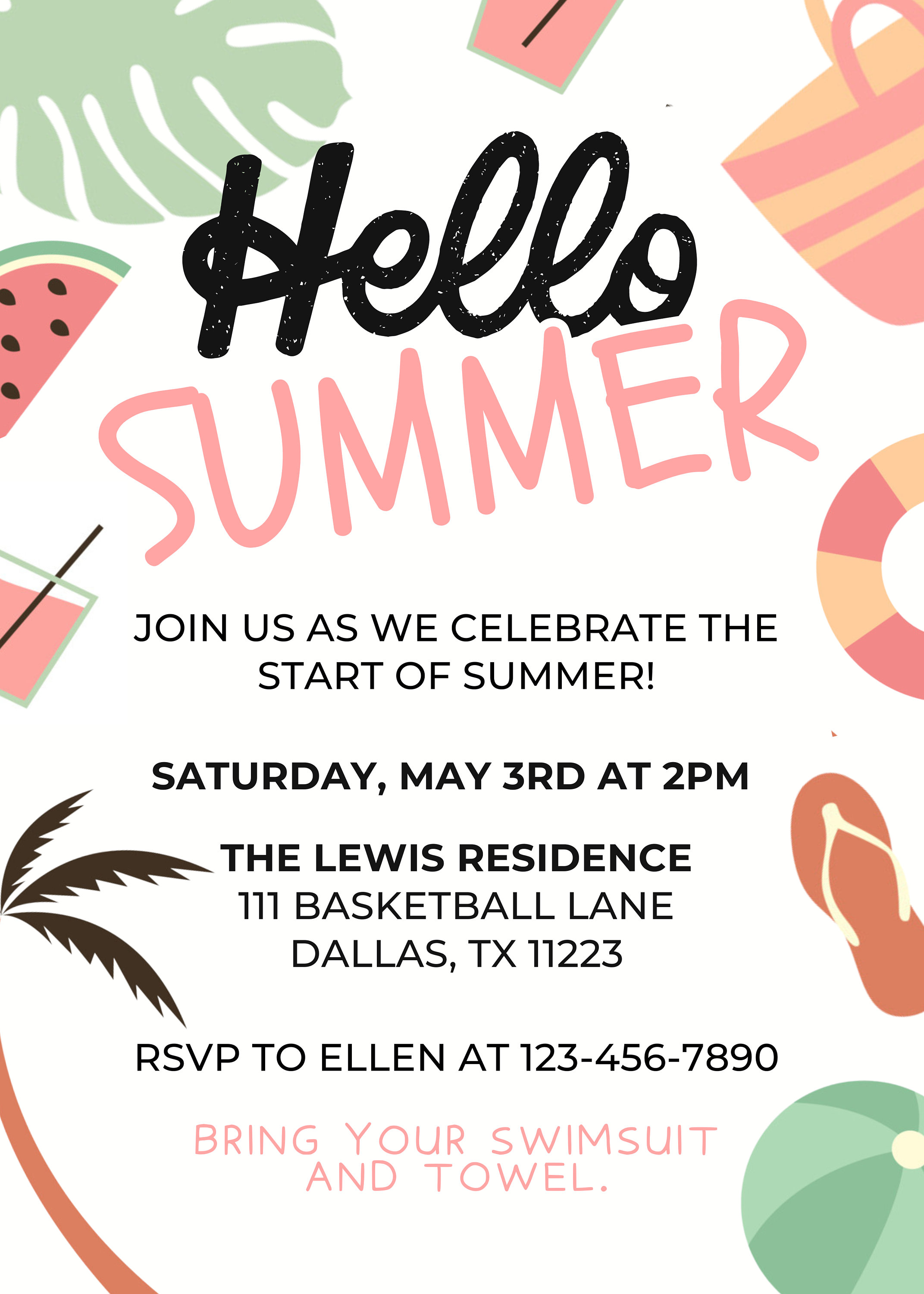 EDITABLE Hello Summer Theme Invitation, Print or Text Invite, Hello ...