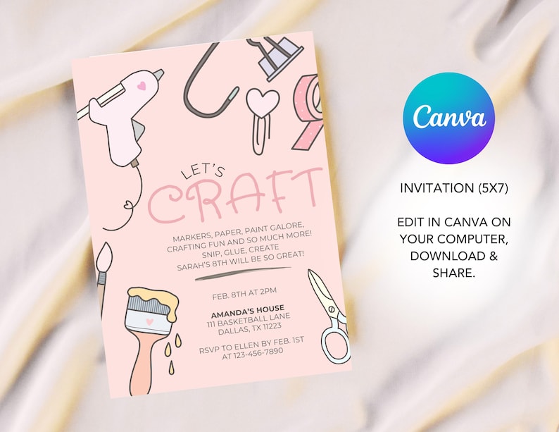 Girls Craft Party Invitation, Editable Arts and Crafts Birthday Invite ...