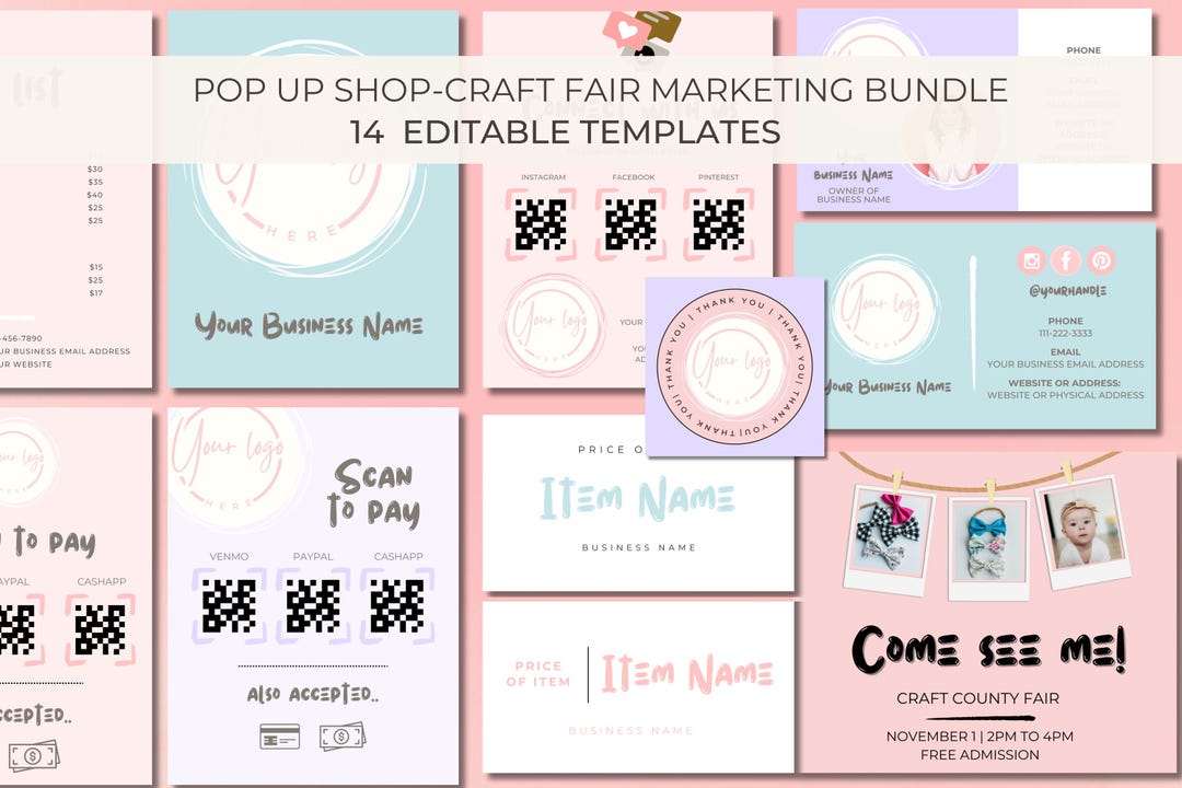 Craft Fair Marketing Bundle | 14 Pastel Editable Vendor Templates for ...