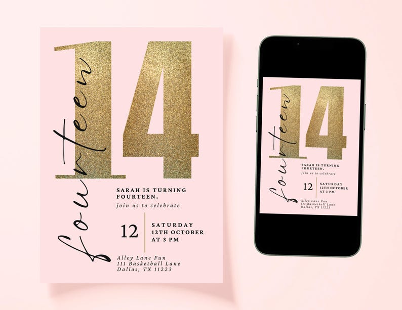 14th Girl Birthday Invitation | Editable Fourteenth Pink and Gold ...