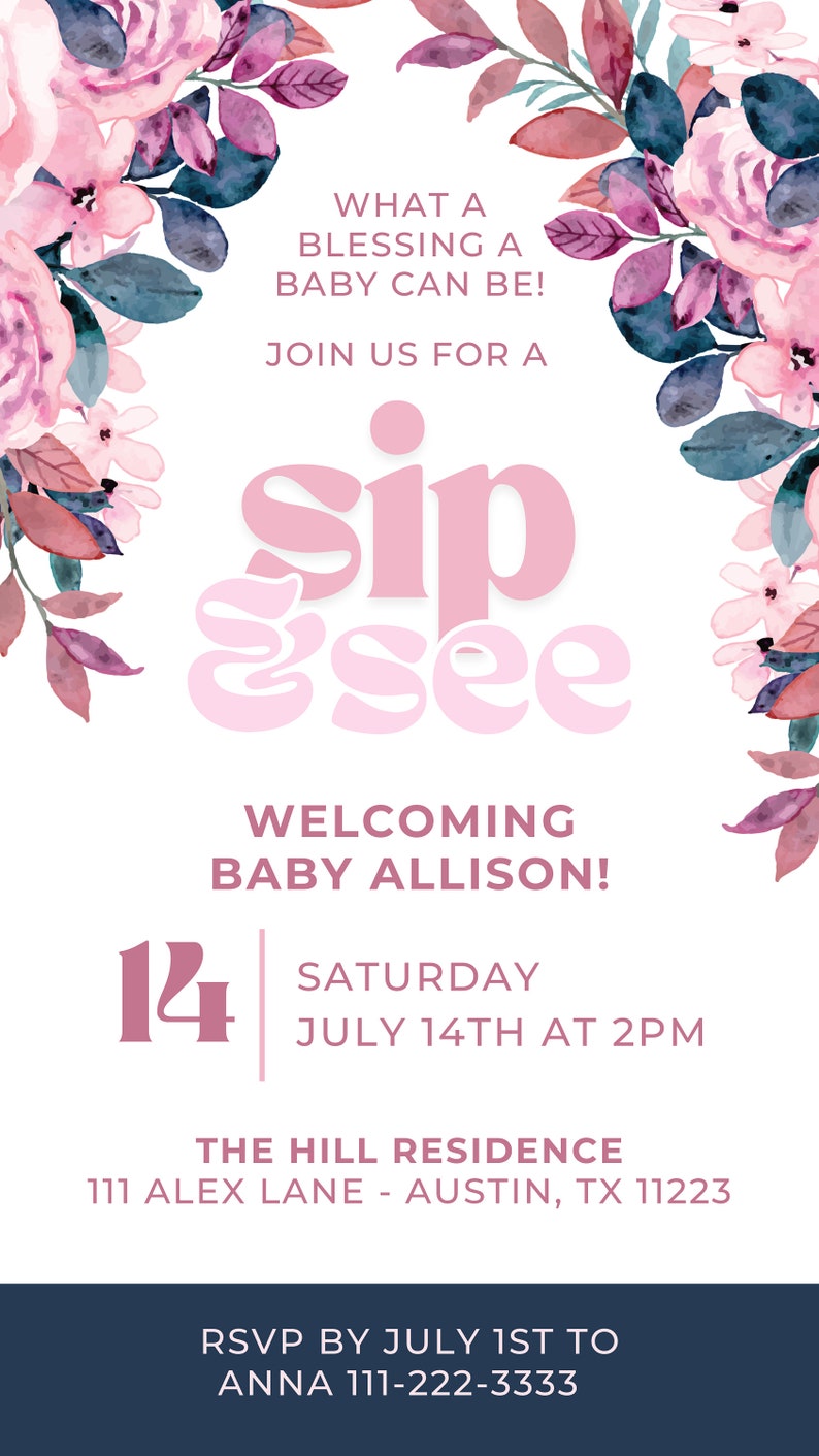 Sip and See Baby Shower Invitation Template, Pink Floral, Meet and ...