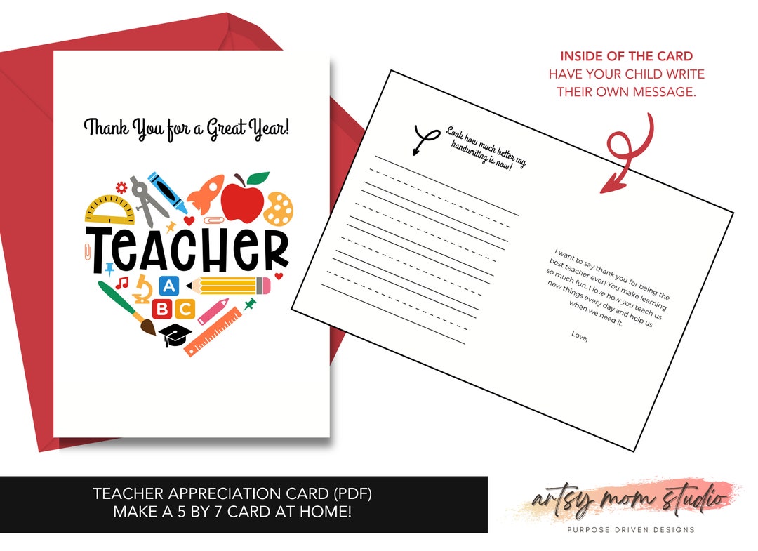 Printable Teacher Appreciation Card - Instant Digital Download PDF ...