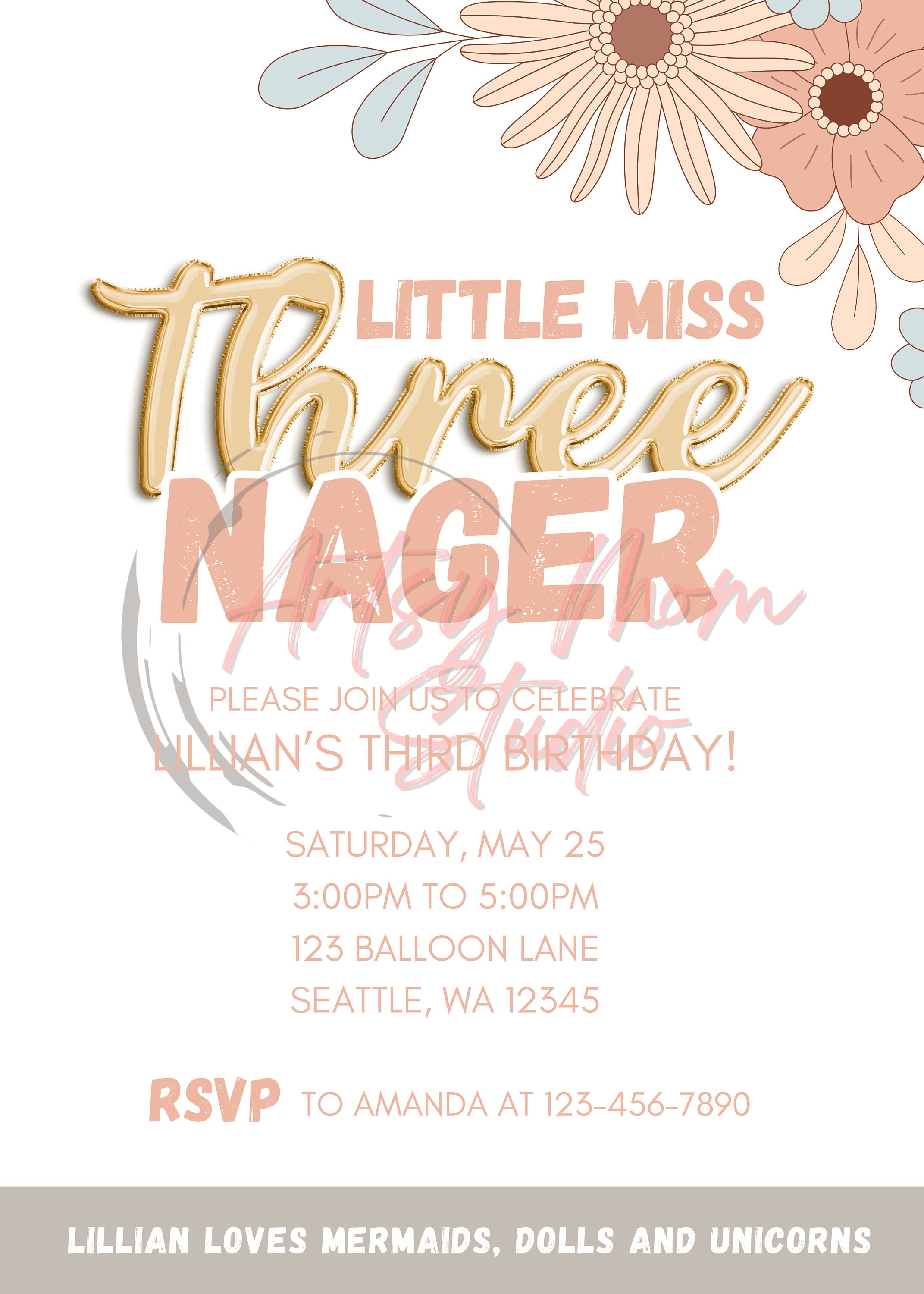 Little Miss Threenager 3rd Birthday Digital 5x7 Invitation Template ...