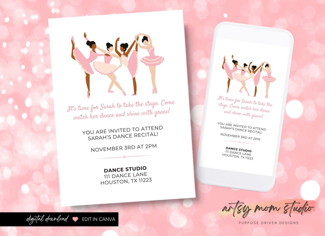 Editable Ballet or Dance Recital Invitation, Pink and White Evite W ...