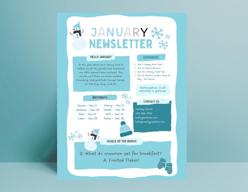 January Classroom Newsletter Template | Editable Canva School ...