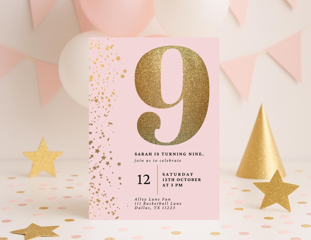 Editable Pink & Gold 9th Birthday Invitation | Girl Ninth Birthday ...