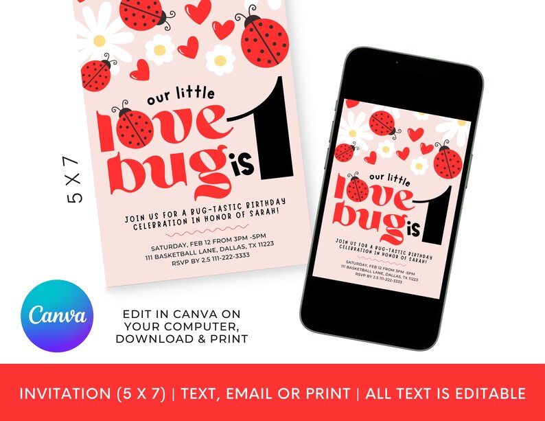 Love Bug First Birthday Invitation | Valentine’s Day Ladybug Birthday ...