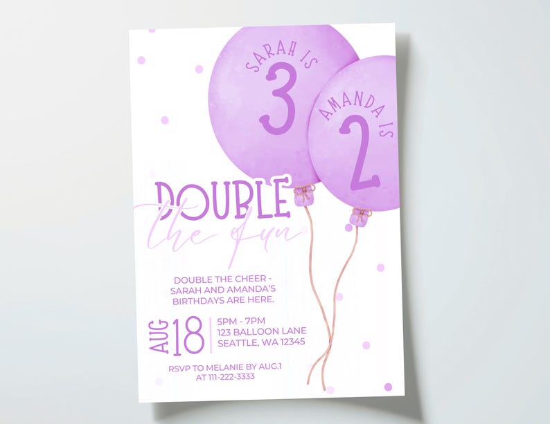 Joint Birthday Invitation: Purple Balloons, Two Girls, Friend or ...