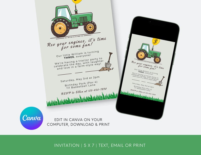Editable Tractor Birthday Invitation, Green Tractor Farm Party, 2nd ...