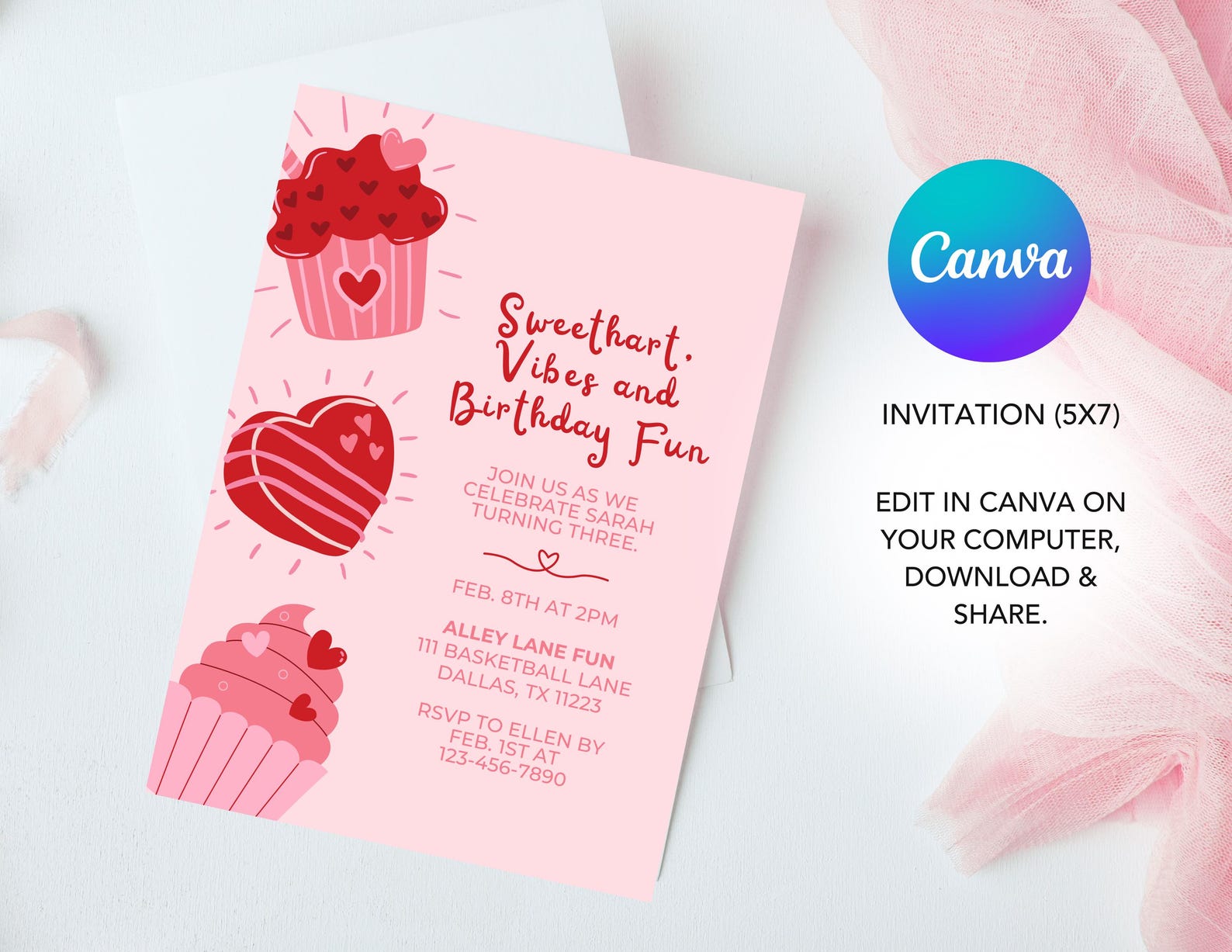Editable Heart Themed Birthday Party Invitation Template Pink and Red ...