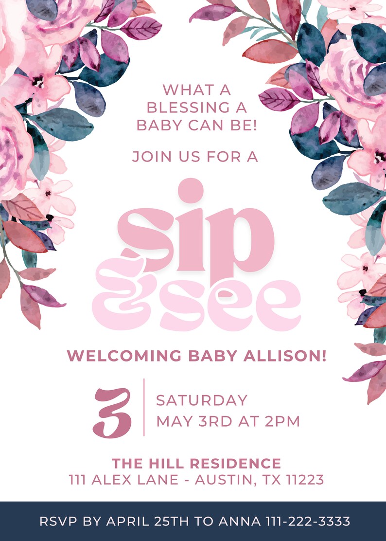 Sip and See Baby Shower Invitation Template, Pink Floral, Meet and ...