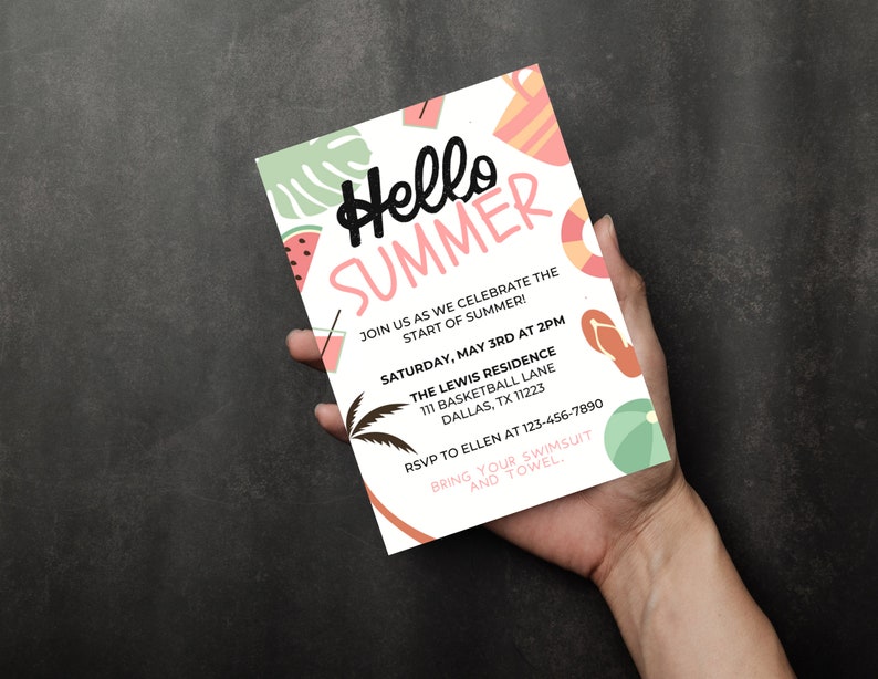 EDITABLE Hello Summer Theme Invitation, Print or Text Invite, Hello ...