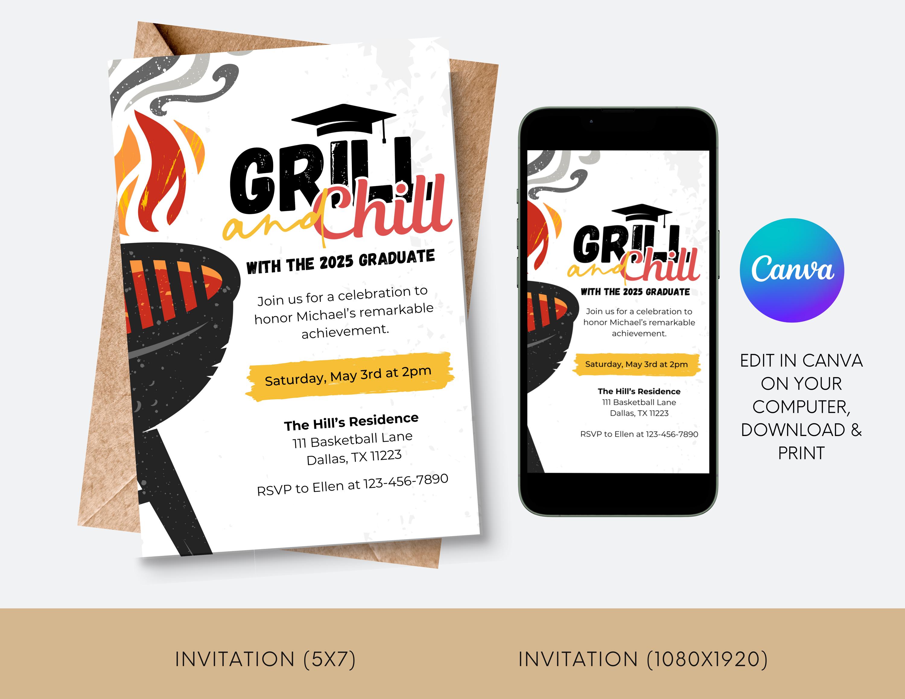 Grill and Chill Graduation Party Invitation, BBQ Invite, College High ...