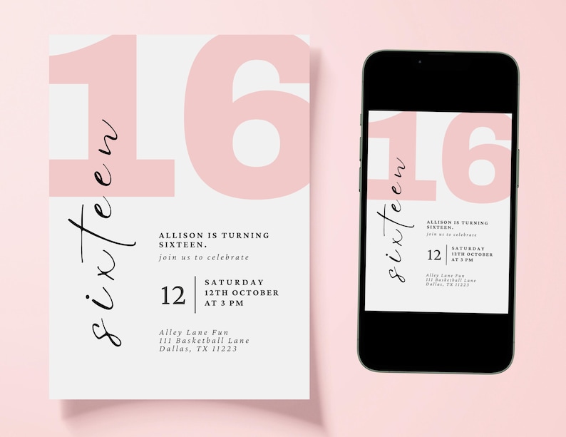 16th Birthday Invitation: Pink Party, Sweet 16 Invite, Sixteenth ...