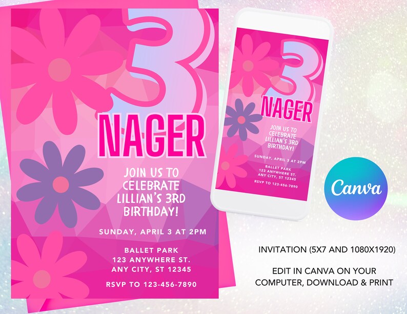 Threenager 3rd Birthday Digital Invitation Template, Digital Download ...