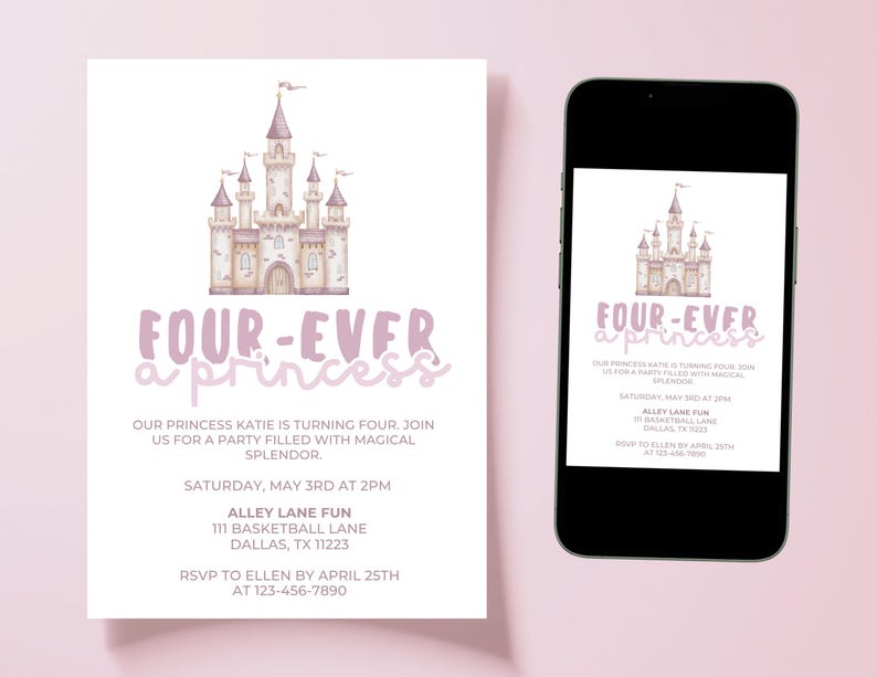 Editable Four Ever a Princess 4th Birthday Invitation, Fourth Floral ...