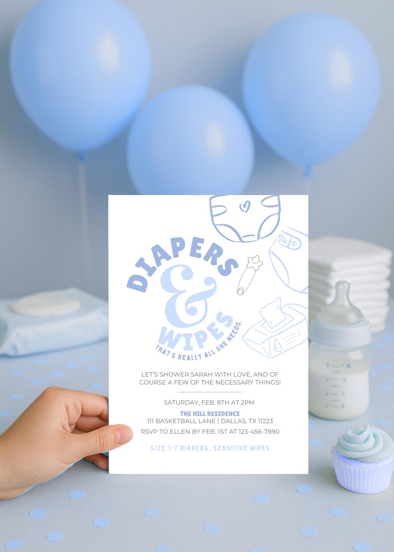 Editable Blue Diaper & Wipes Baby Shower Invitation | Baby Shower Bingo ...