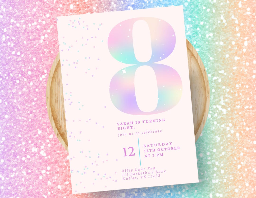 Pink Glitter 8th Birthday Invitation: Eighth Birthday Girl Rainbow ...