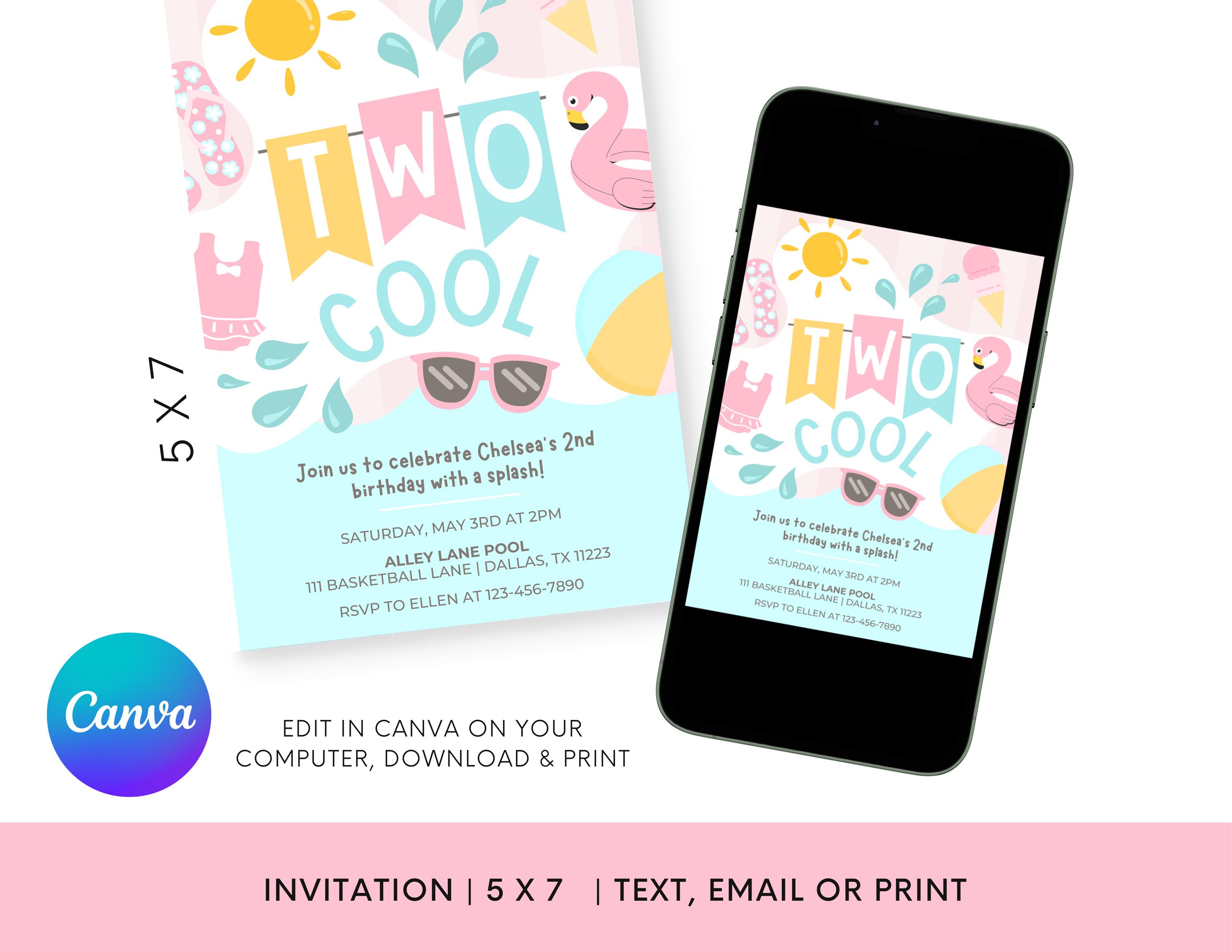 Editable Two Cool 2nd Birthday Pool Party Invitation, Splish Splash ...