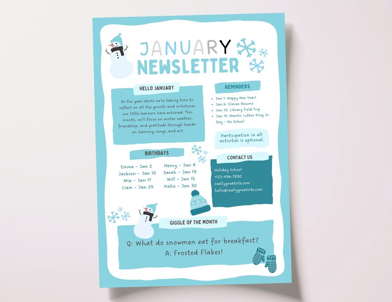 January Classroom Newsletter Template | Editable Canva School ...