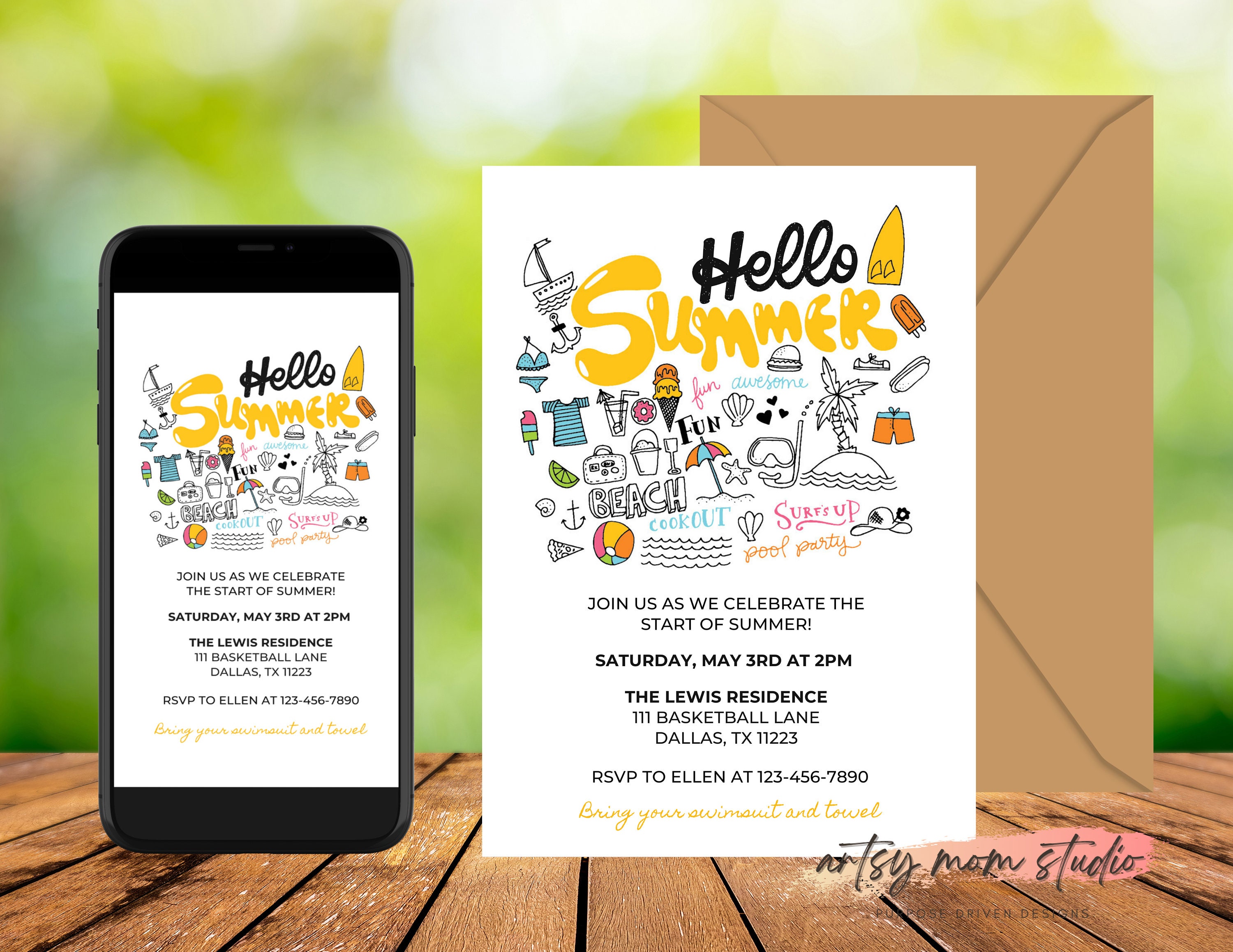 EDITABLE Hello Summer Theme Invitation, Print or Text Invite, Hello ...