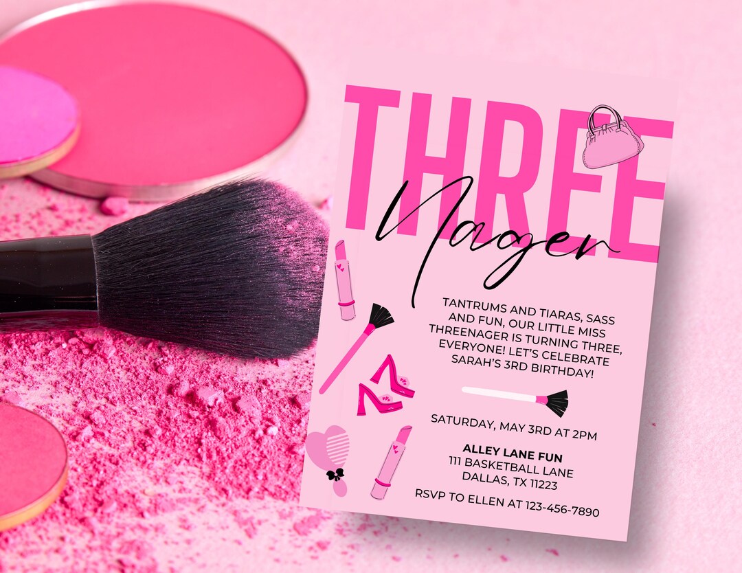 Little Miss Threenager Makeup Birthday Invitation | Third Girl Birthday ...