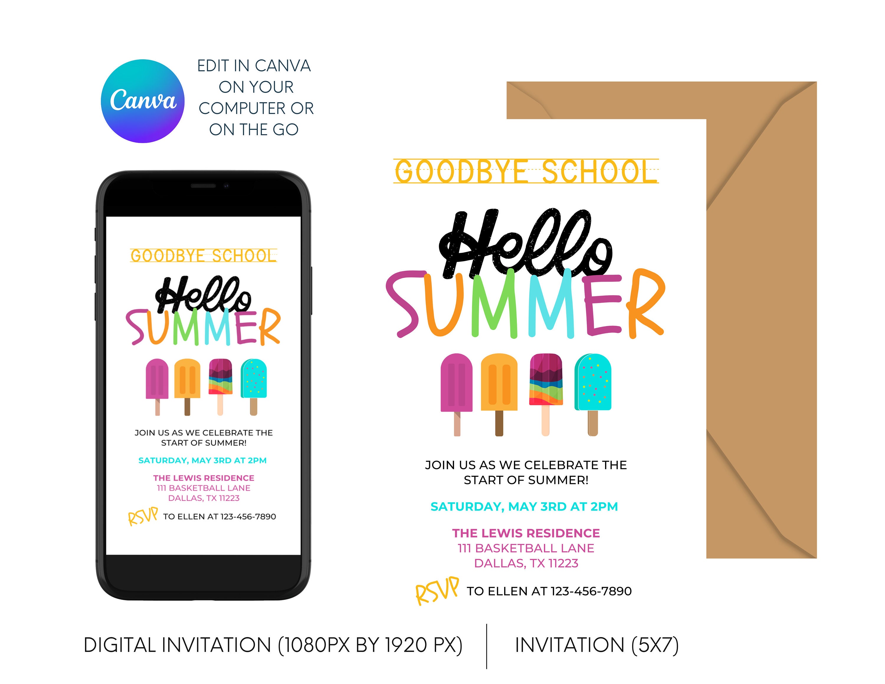 EDITABLE End of School Party Invitation, Hello Summer, Goodbye Schools ...