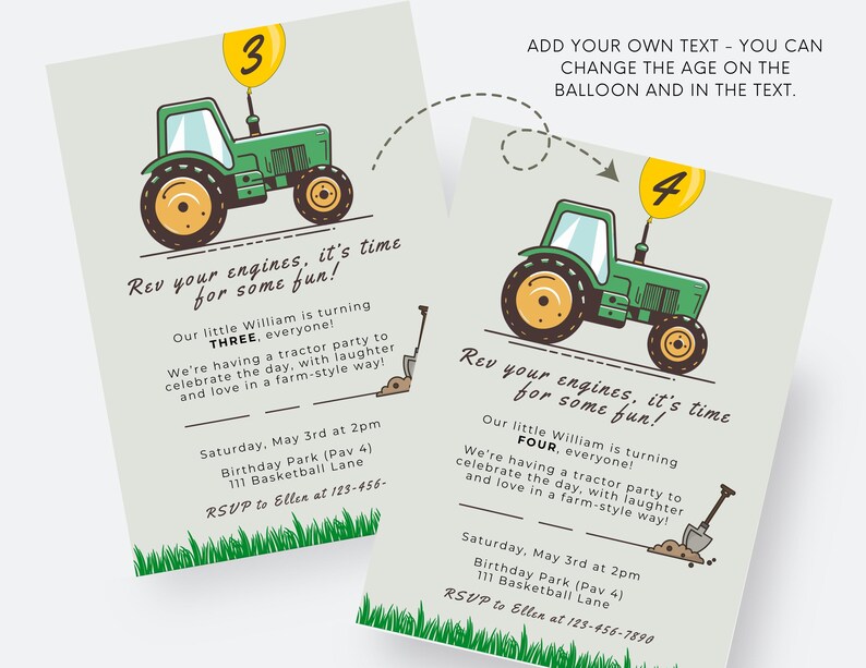 Editable Tractor Birthday Invitation, Green Tractor Farm Party, 2nd ...