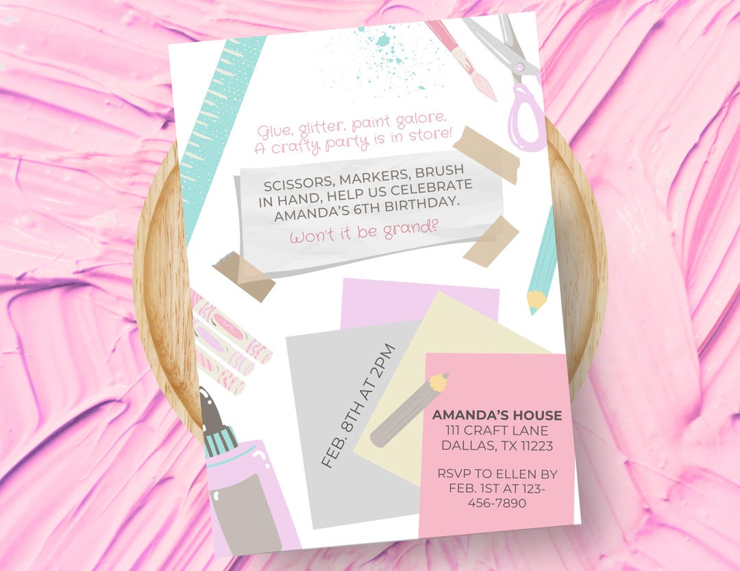 Girls Craft Party Invitation, Editable Arts and Crafts Birthday Invite ...