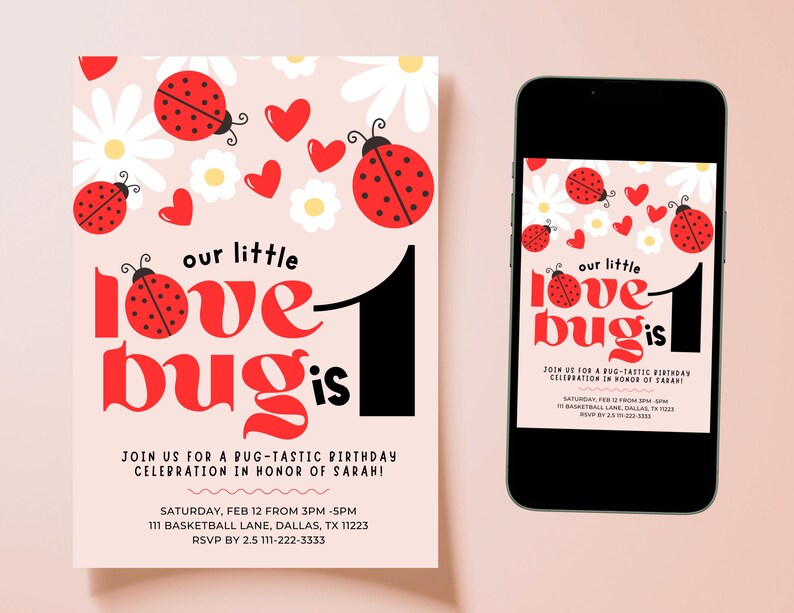 Love Bug First Birthday Invitation | Valentine’s Day Ladybug Birthday ...