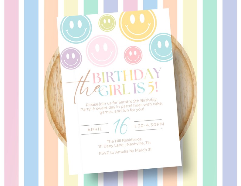 Pastel Smiley Face Birthday Invitation | Rainbow Emoji Party | Editable ...