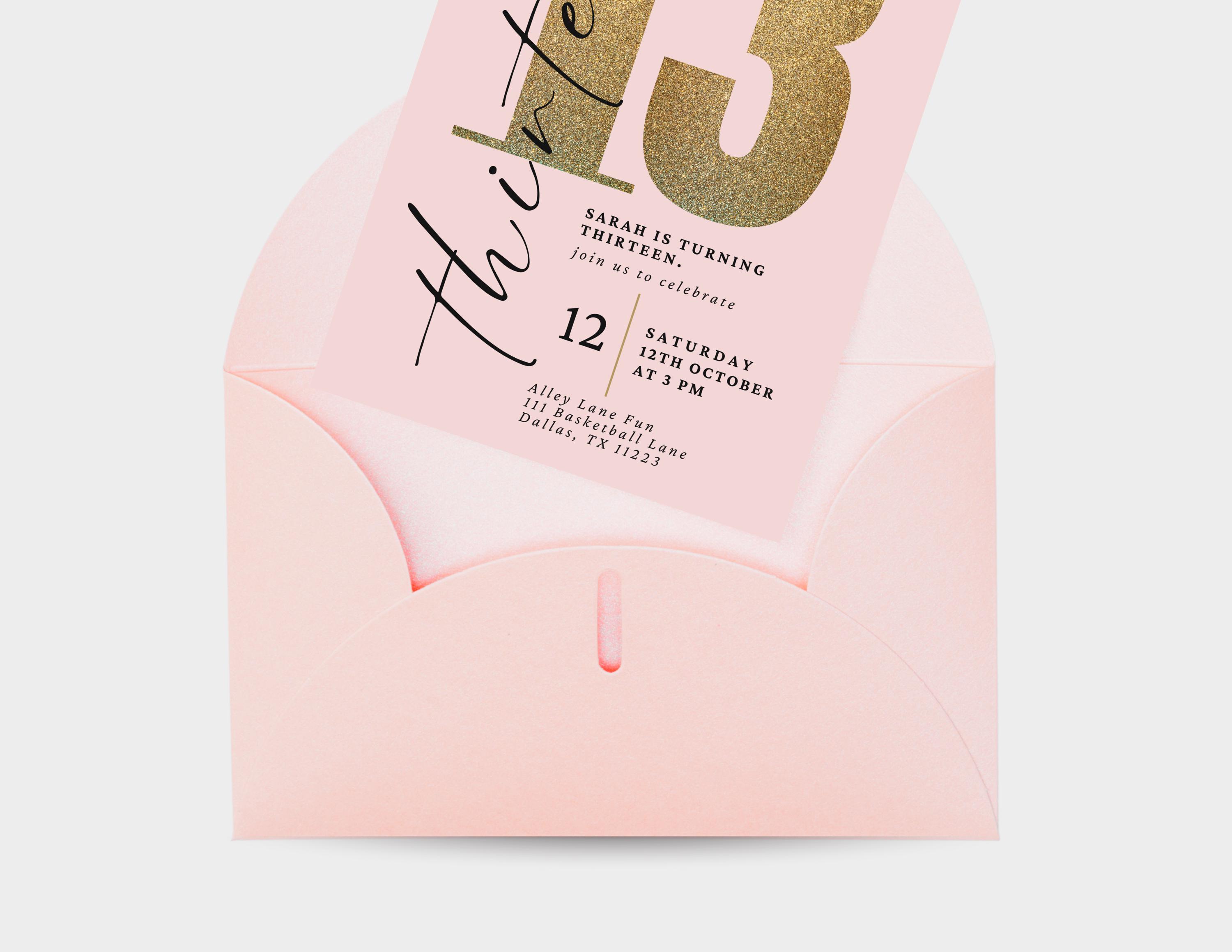 Pink & Gold 13th Birthday Invitation, Thirteen Teen Girl Birthday Party ...