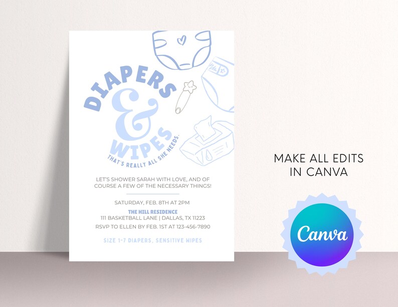 Editable Blue Diaper & Wipes Baby Shower Invitation | Baby Shower Bingo ...