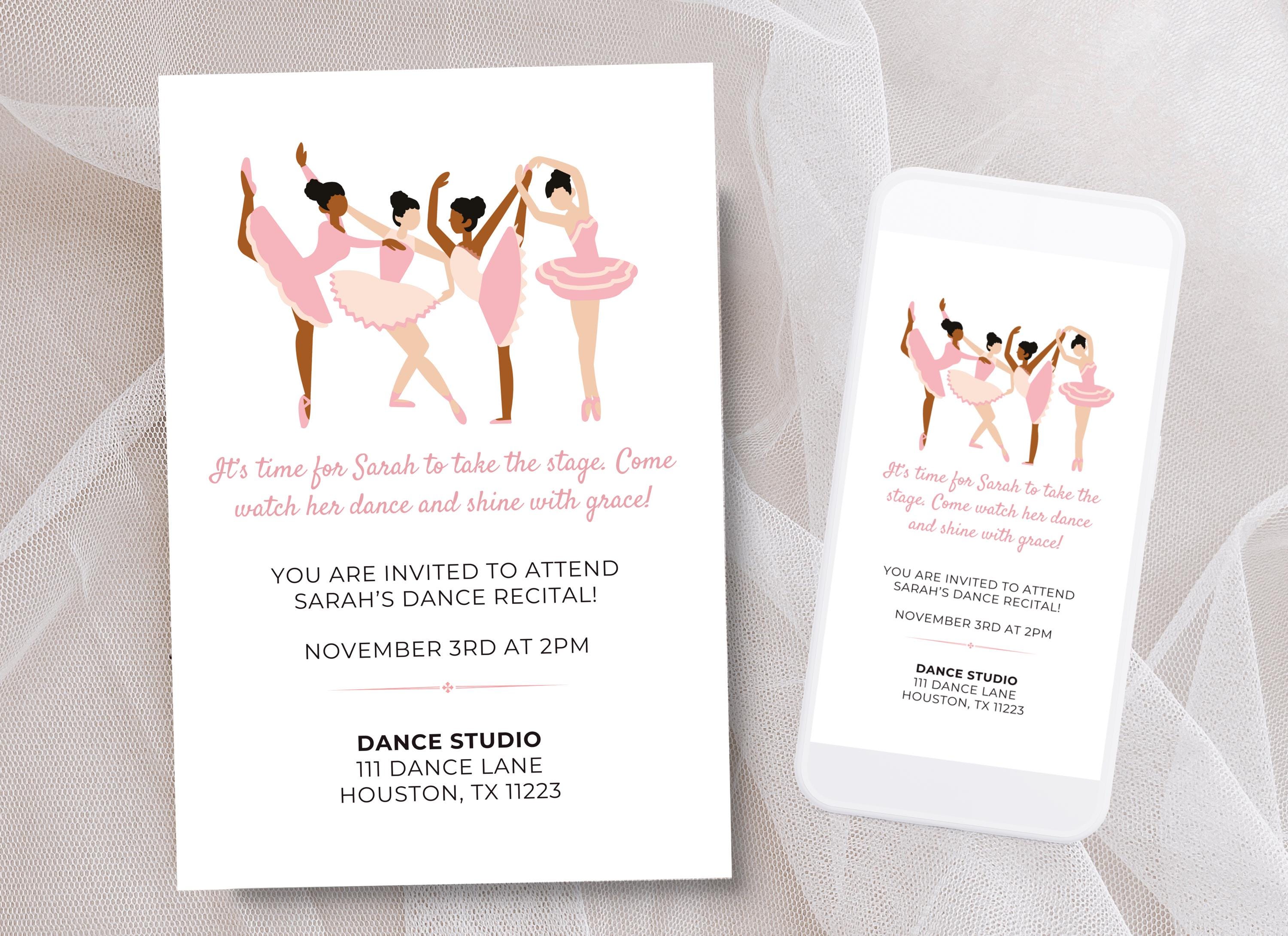 Editable Ballet or Dance Recital Invitation, Pink and White Evite W ...