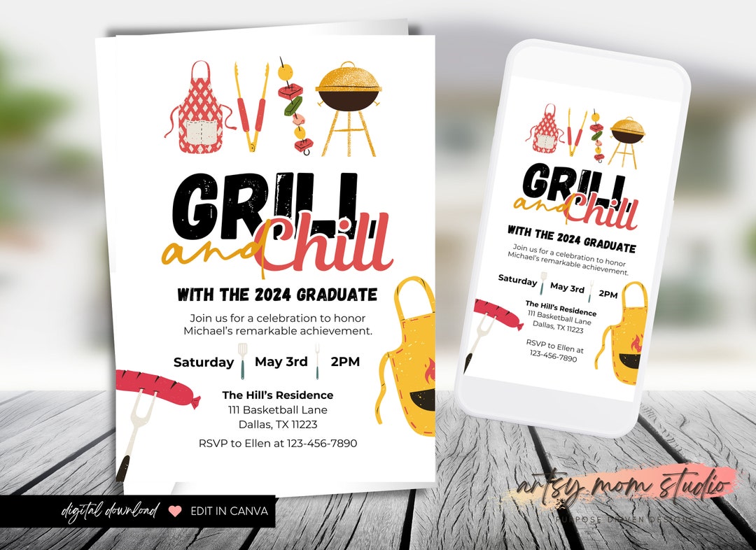 Grill and Chill Graduation Party Invitation, BBQ Grad Party Invitation ...