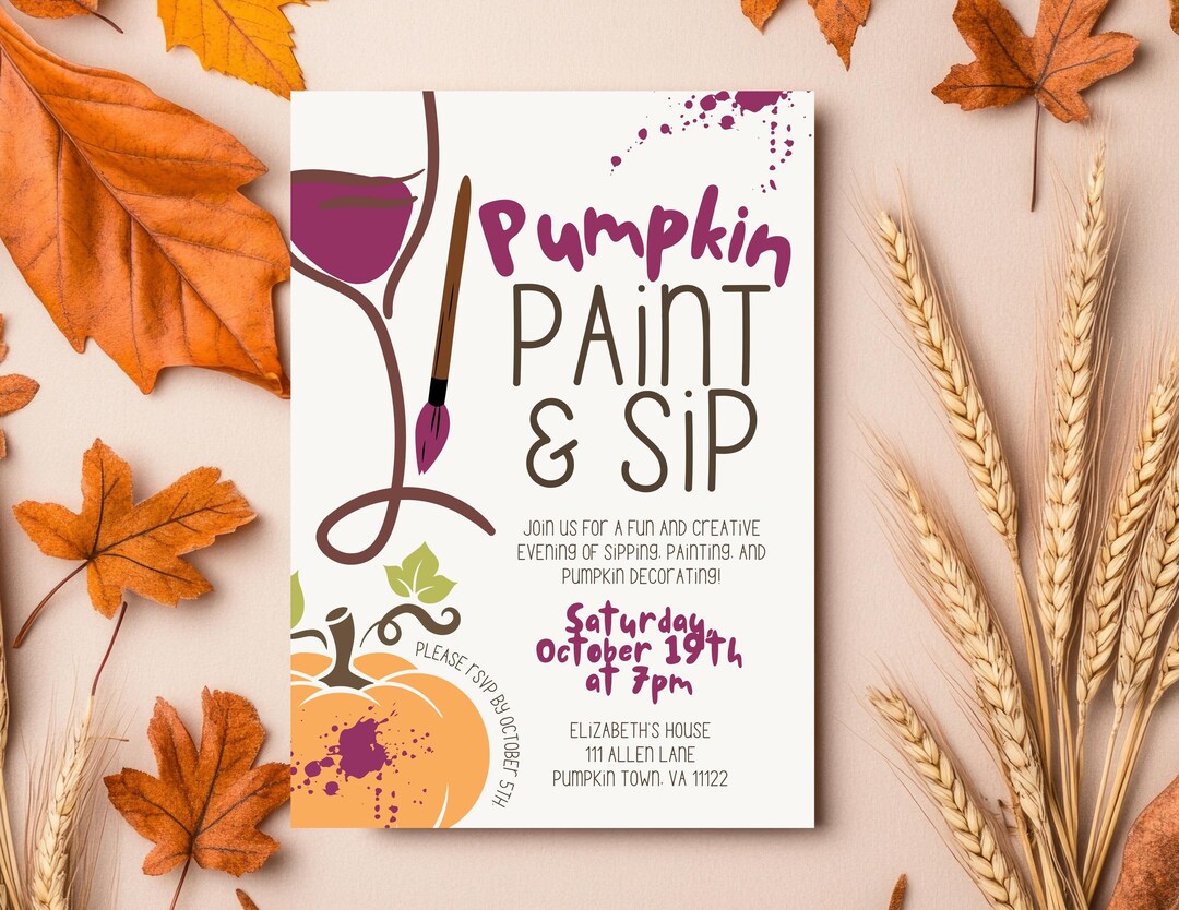 Editable Pumpkin Paint and Sip Invitation | Fall Party Invite Template ...