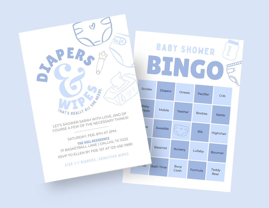 Editable Blue Diaper & Wipes Baby Shower Invitation | Baby Shower Bingo ...