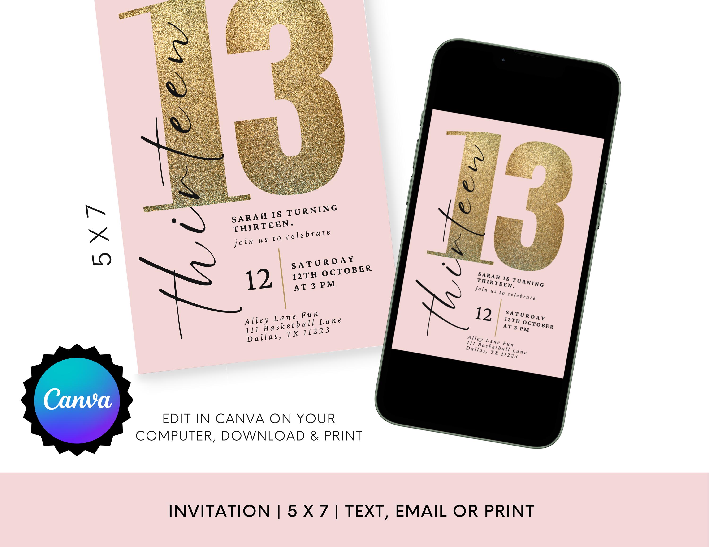 Pink & Gold 13th Birthday Invitation, Thirteen Teen Girl Birthday Party ...