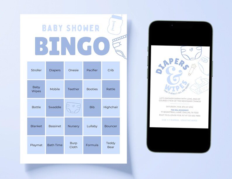 Editable Blue Diaper & Wipes Baby Shower Invitation | Baby Shower Bingo ...