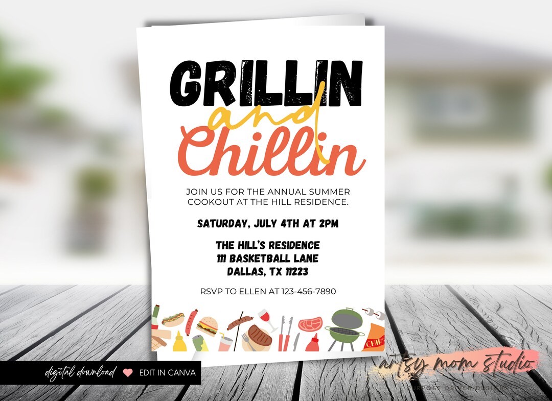 Grillin & Chillin Text Invitation, Backyard BBQ Invitation, Editable ...