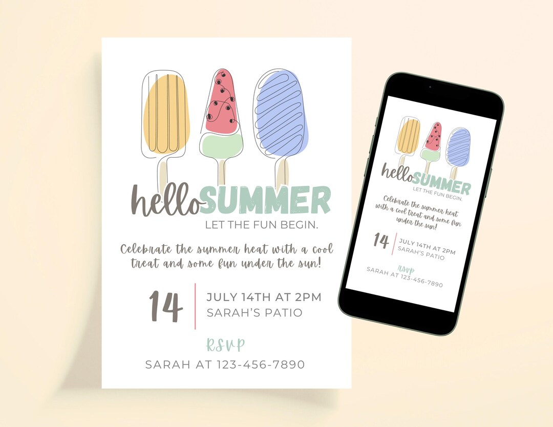Editable Hello Summer Invitation: Ice Cream Party Template (digital ...