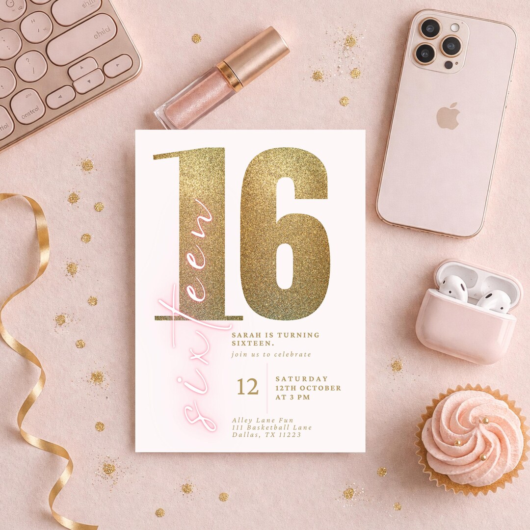 Pink & Gold Sweet 16 Invitation | Teen Girl Sixteenth Birthday Invite ...
