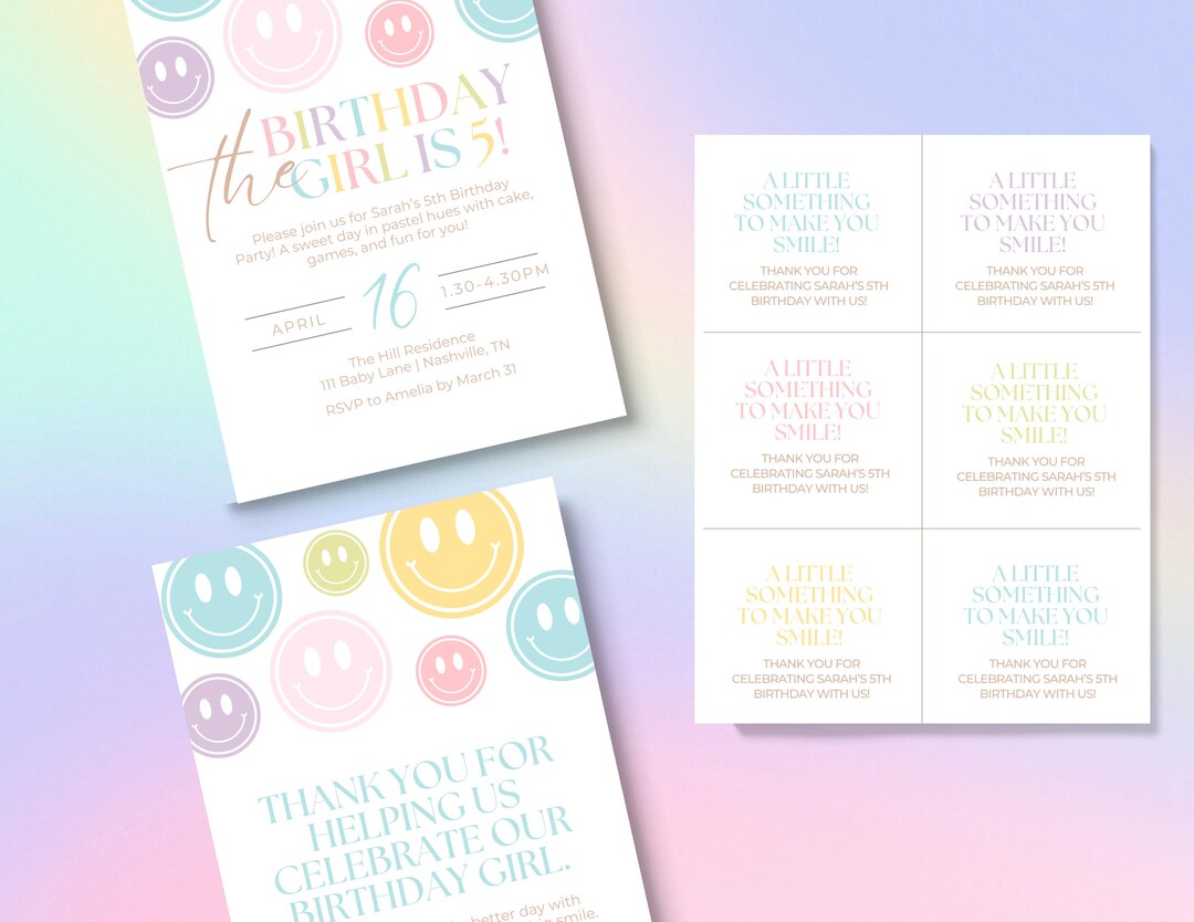 Pastel Smiley Face Birthday Invitation Set: Rainbow Emoji Party ...
