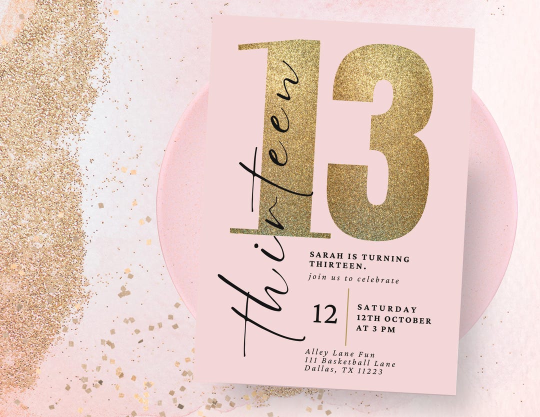Pink & Gold 13th Birthday Invitation: Editable Canva Template (digital ...