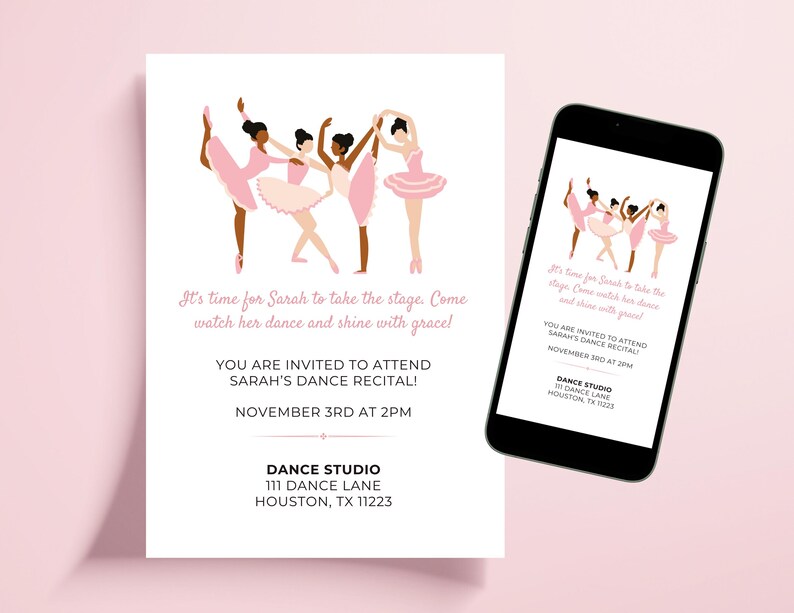Editable Ballet or Dance Recital Invitation, Pink and White Evite W ...