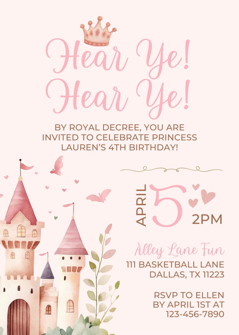 Princess Castle Birthday Invitation, Pink Princess Birthday Party Evite ...