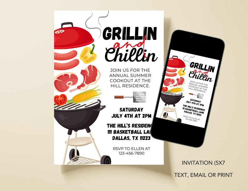 Grillin & Chillin Invitation, Editable Backyard BBQ Invitation Template ...