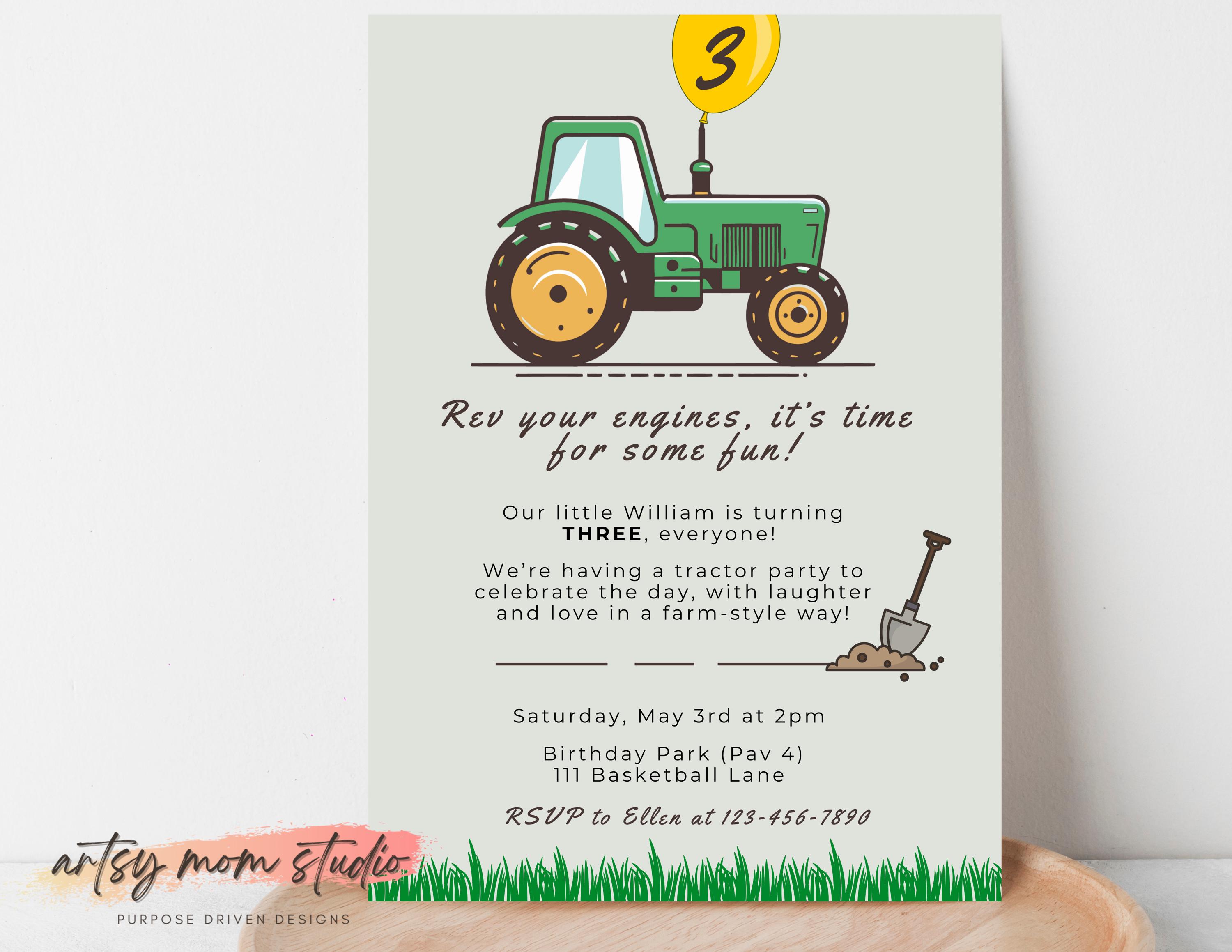 Editable Tractor Birthday Invitation, Green Tractor Farm Party, 2nd ...