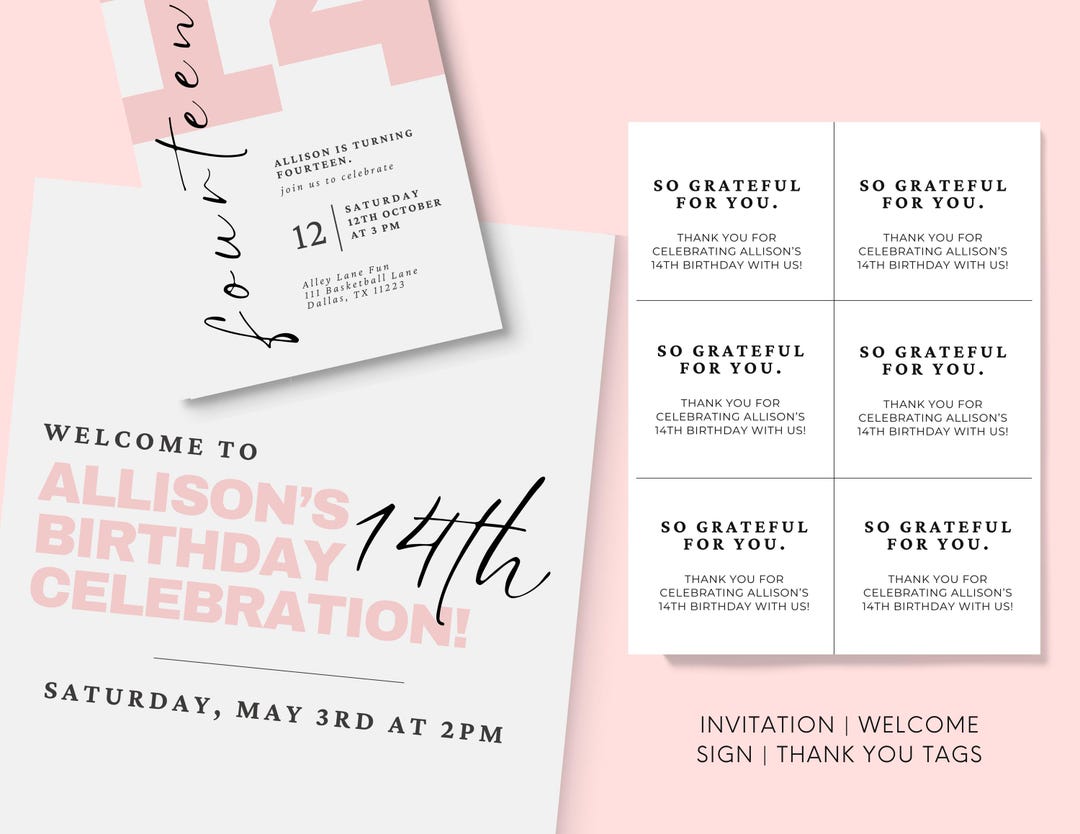 14th Birthday Invitation Set: Pink Girl Party, Editable Canva Template ...